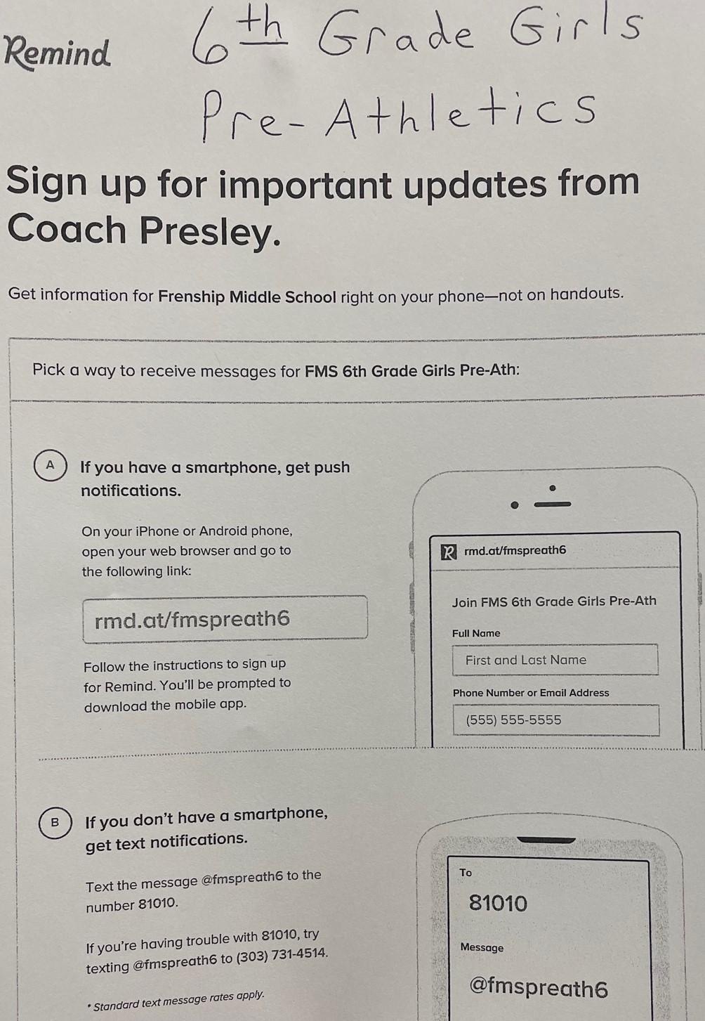 Remind Codes for Girls Athletics – Volleyball – Frenship Middle School