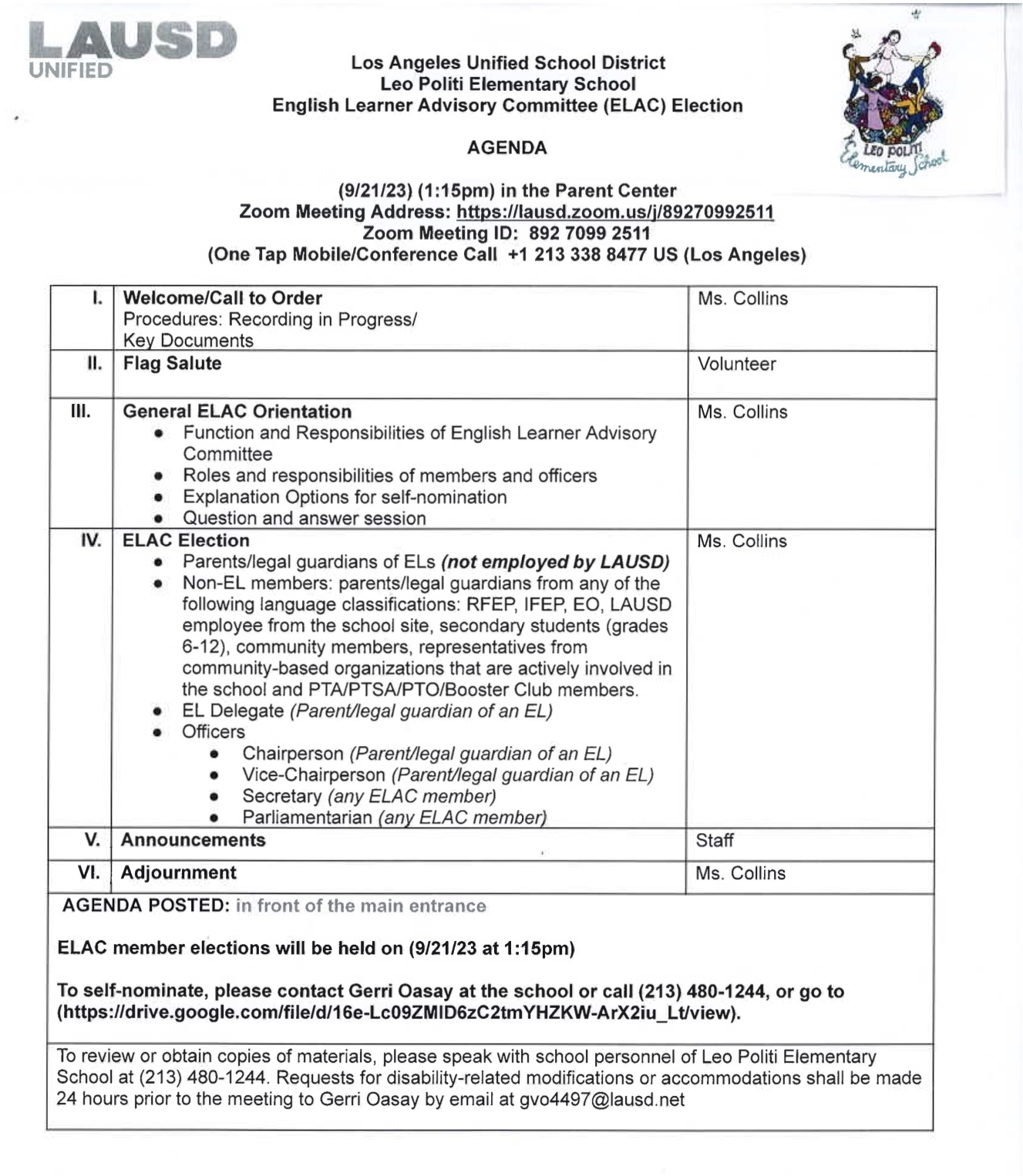 Committees – Parents – Leo Politi Elementary School