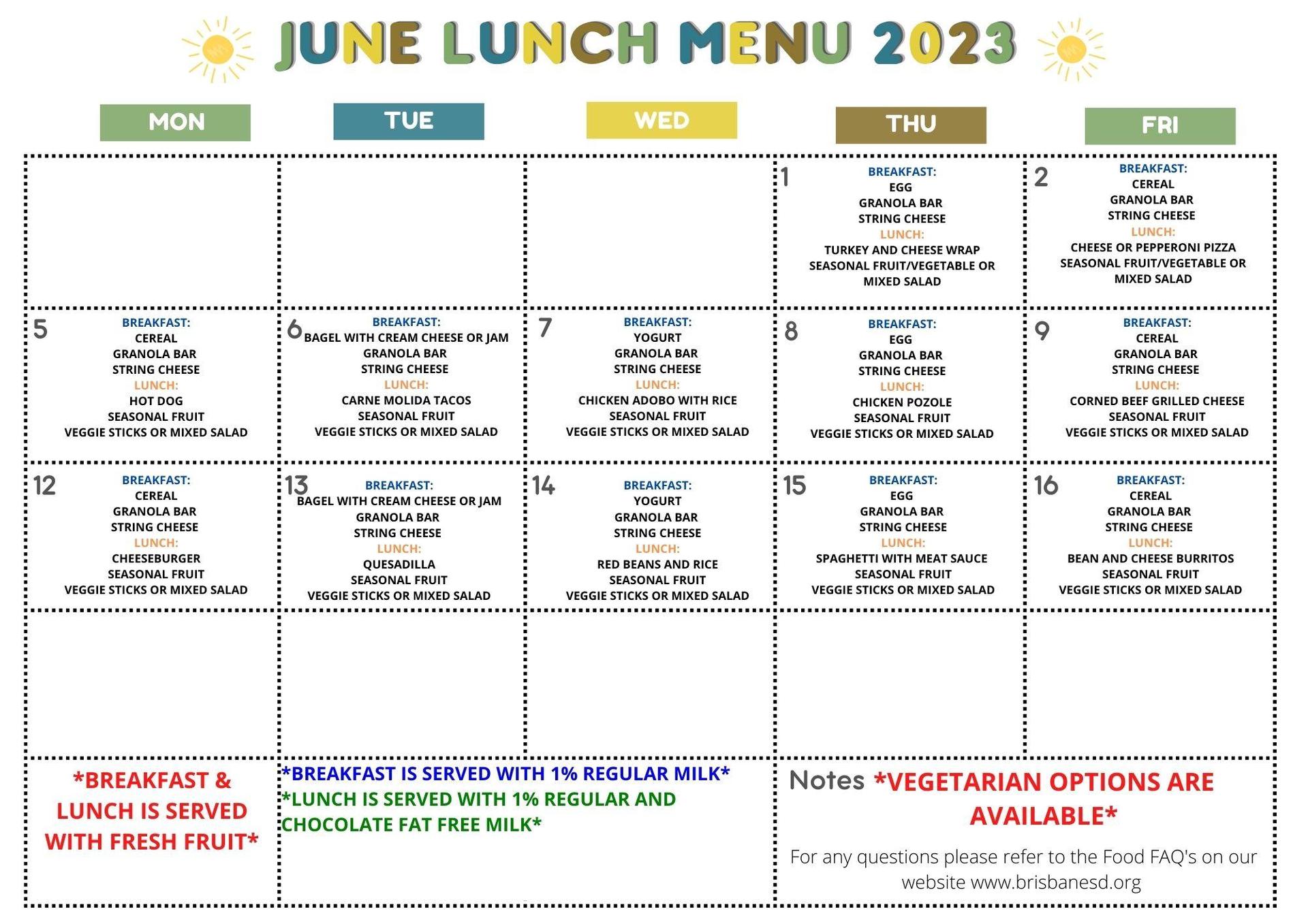 Meal Calendar – Lunch Program – Brisbane School District