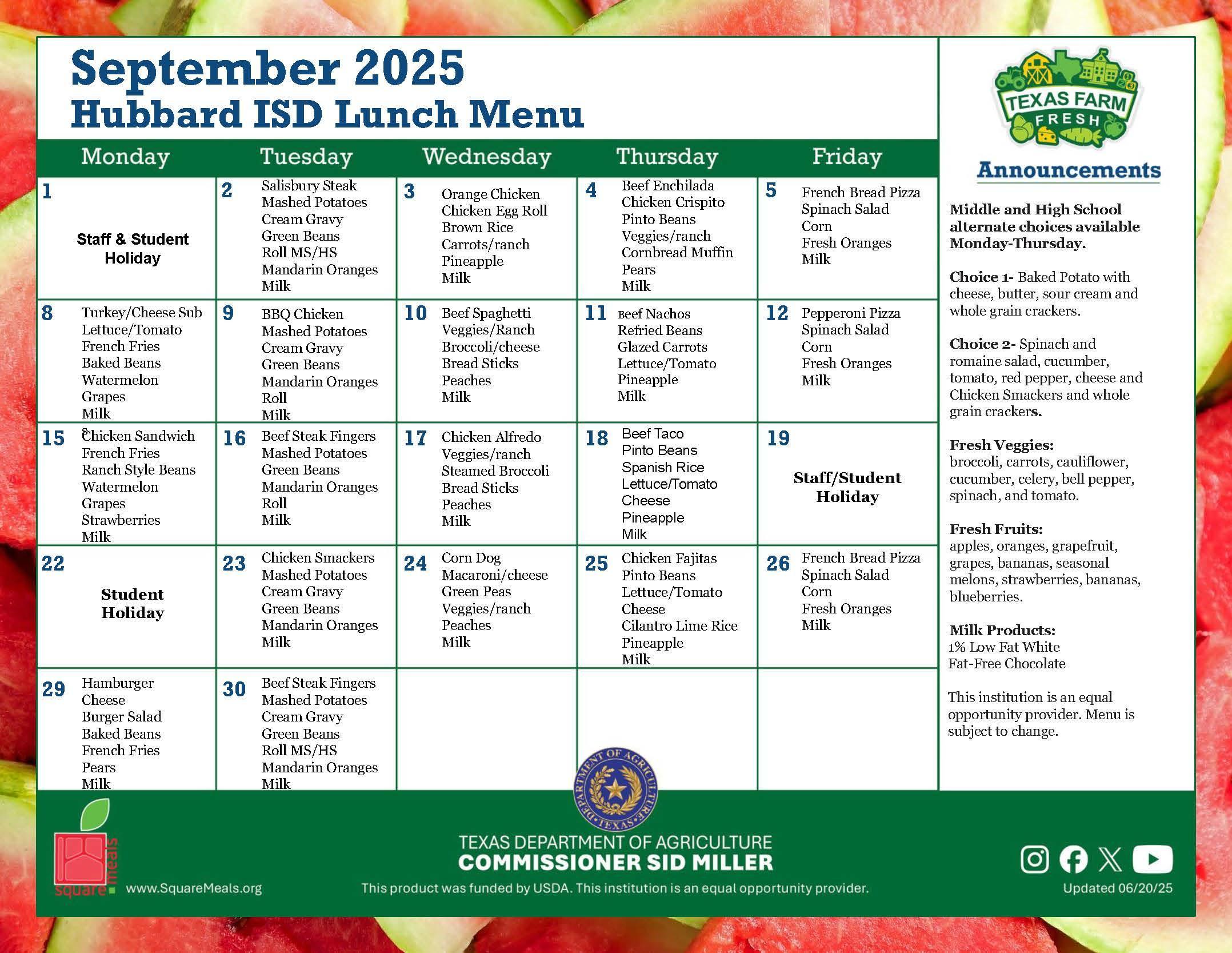 Cafeteria Menus – Food Services – Hubbard ISD (region 12)