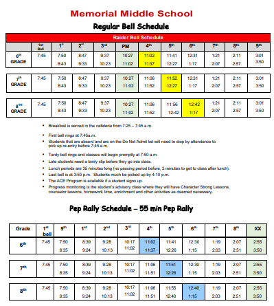 Middle School Student Schedule