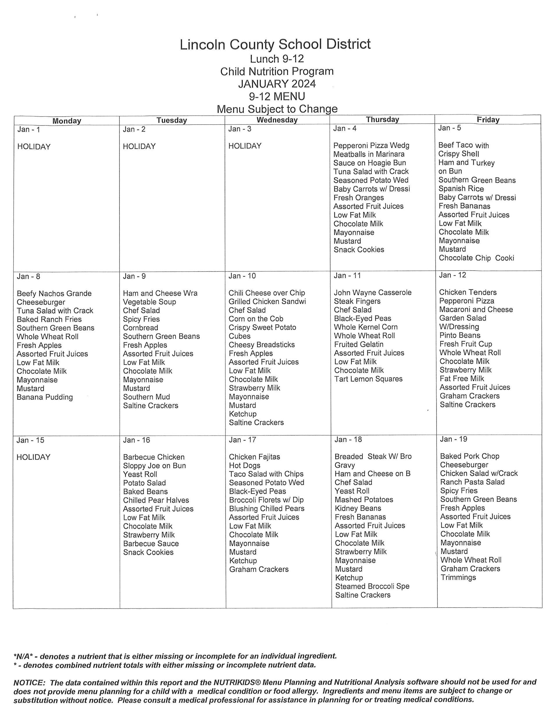 Breakfast & Lunch Menus – Child Nutrition Program – Lincoln County ...
