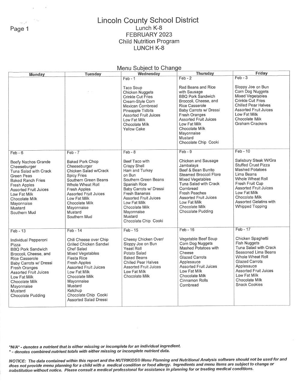 Breakfast & Lunch Menus – Child Nutrition Program – Lincoln County ...