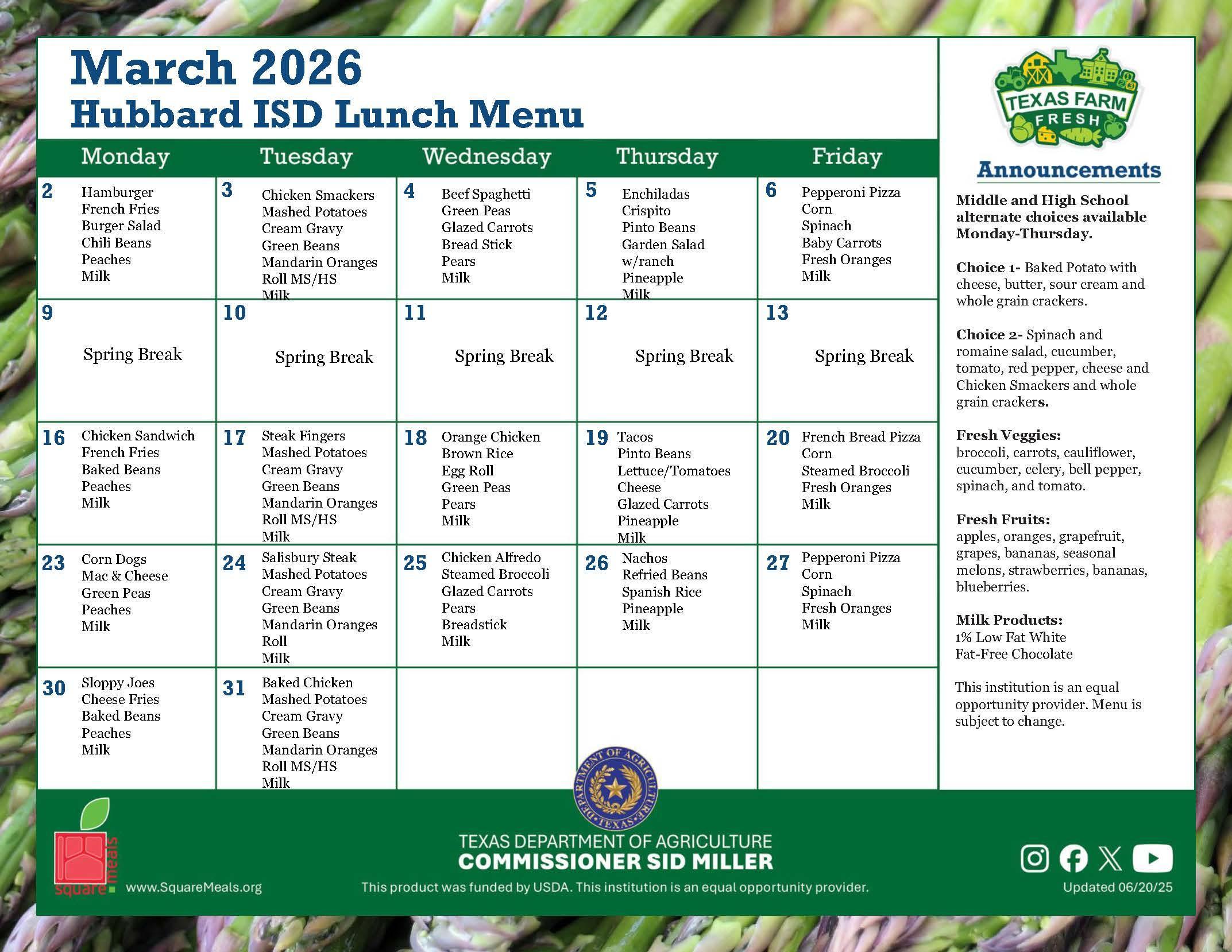 Cafeteria Menus – Food Services – Hubbard ISD (region 12)