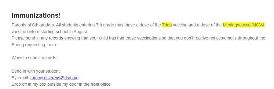 Important Health Information – Nurse Notes – Lamar Middle School