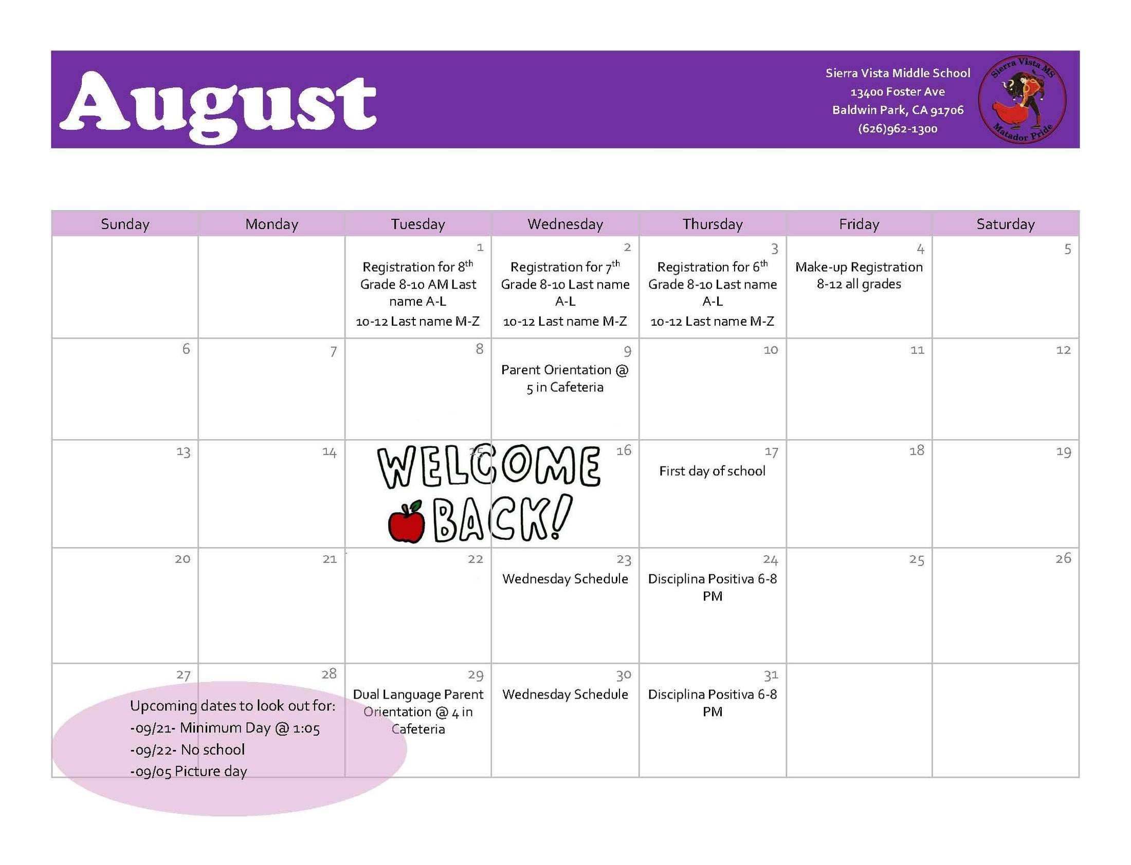 School Calendar – School Calendar – Sierra Vista Middle School