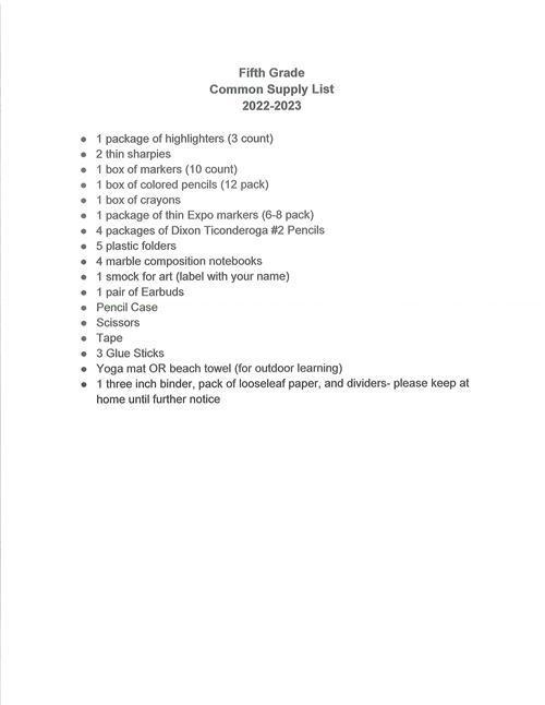 Fifth Grade – Supply Lists – South Salem Elementary School