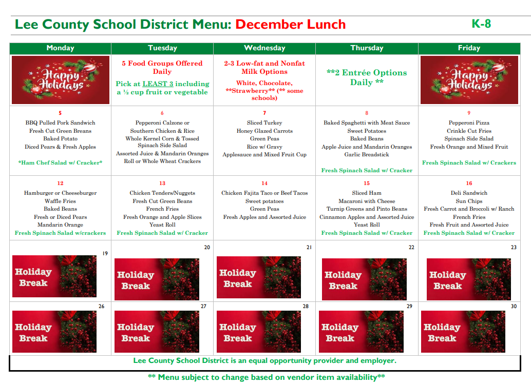 Menus – Child Nutrition and Food Service – Lee County School District