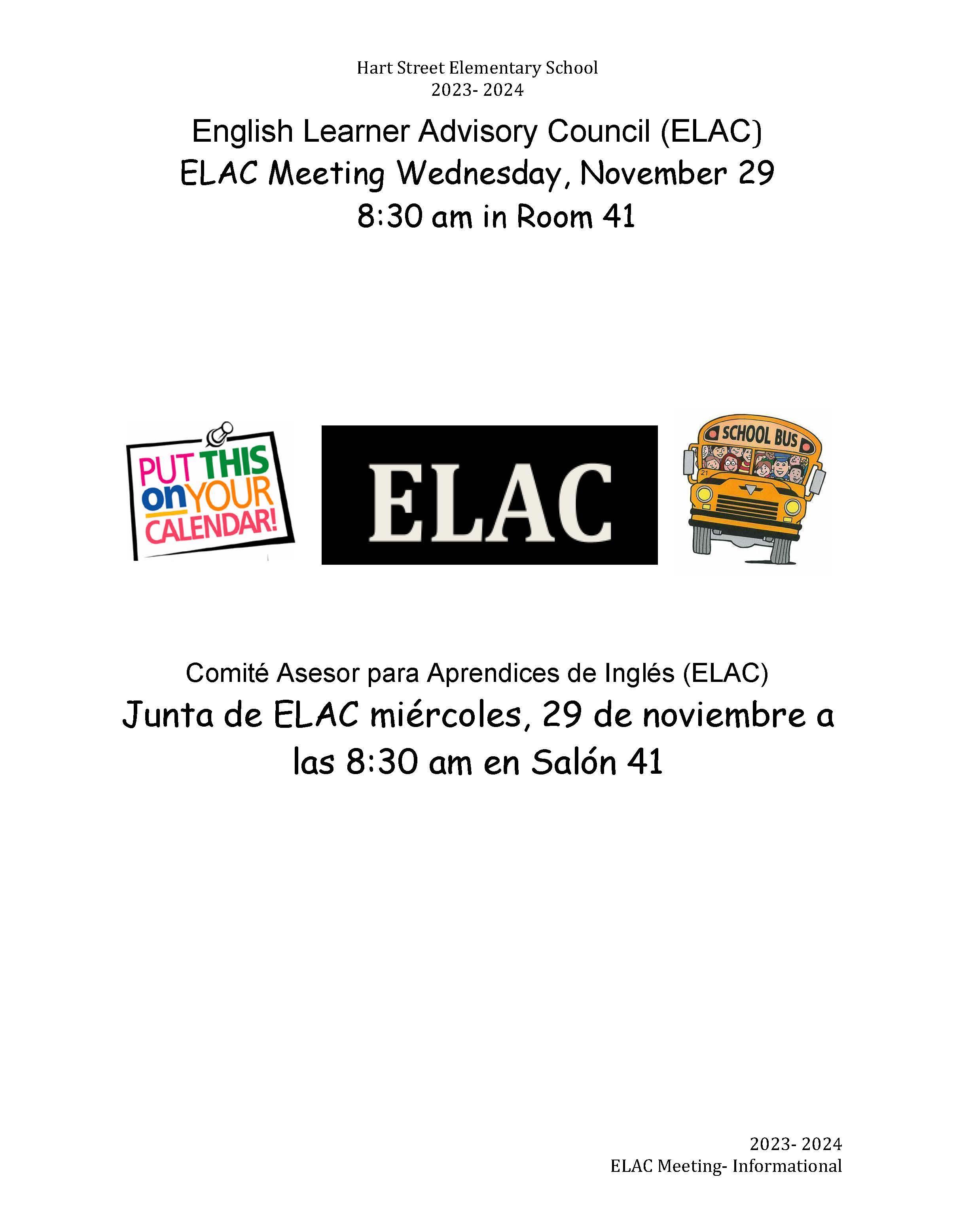English Learner Advisory Council (ELAC) – Parents – Hart Street Elementary