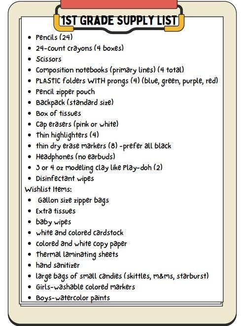25-26 1st Grade Supply List – Leslie Weems – Buchanan Elementary School