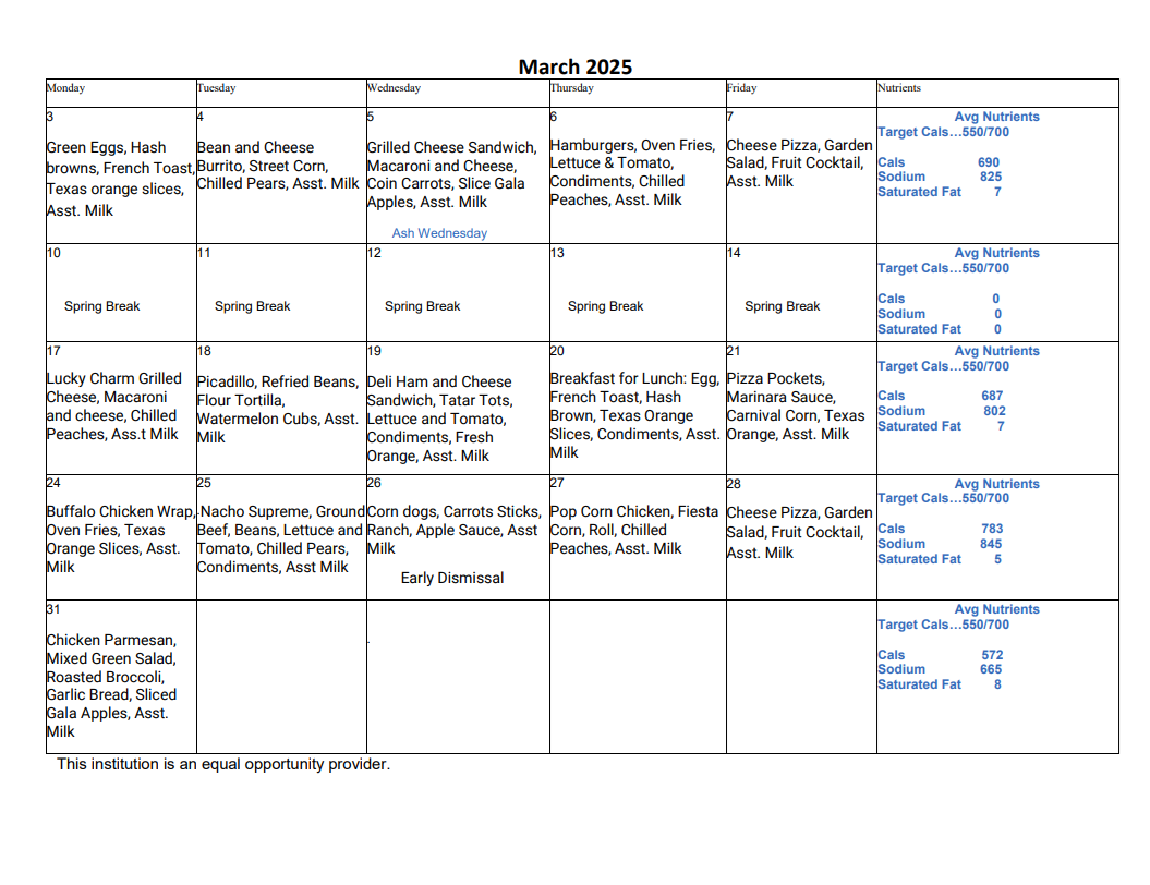 Lunch Calendar – Families – St. Raphael Catholic School
