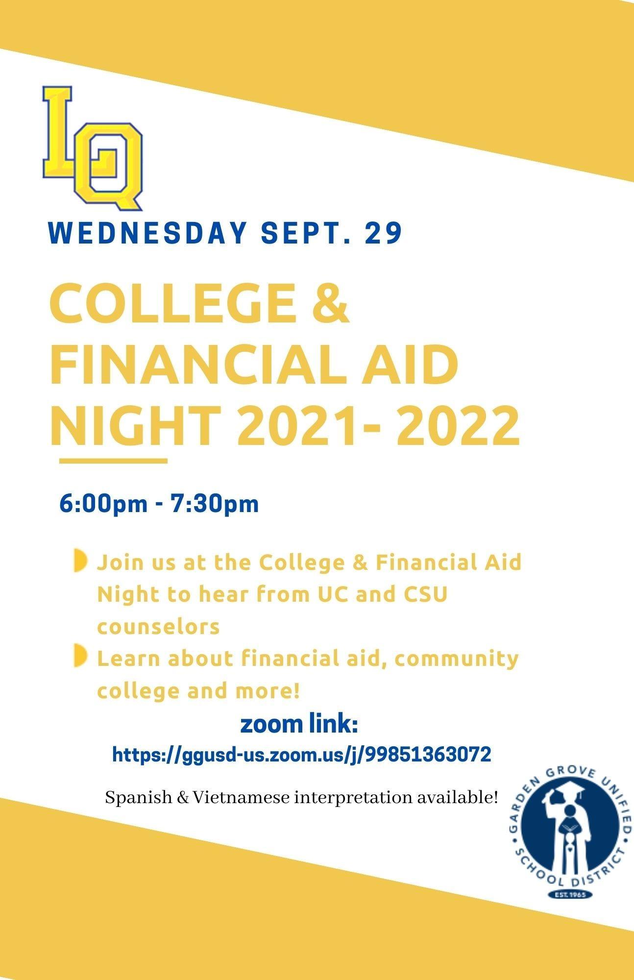 College & Financial Aid Night - Wednesday, September 29th 6pm-7:30pm ...