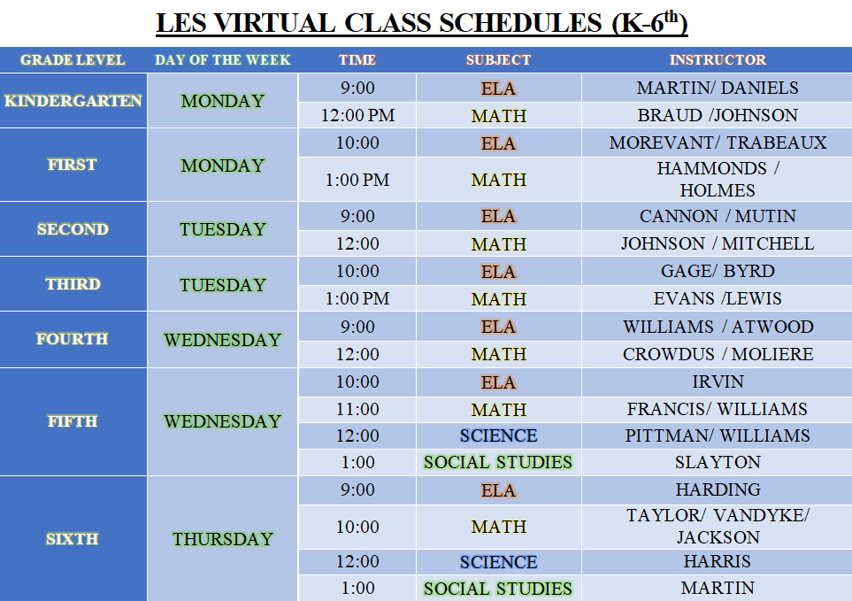 Virtual Class Schedules – Parents – LaPlace Elementary School