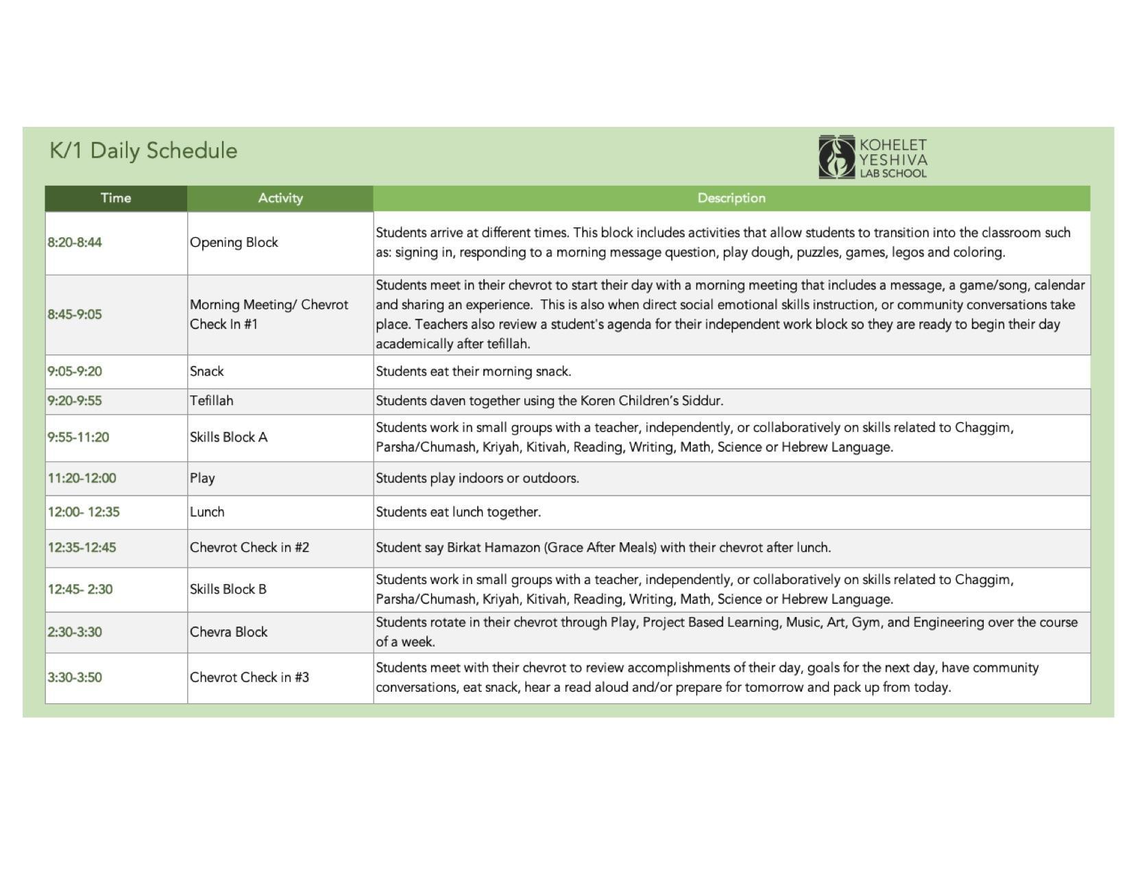 Daily Schedule - Schools/Divisions - Kohelet Yeshiva
