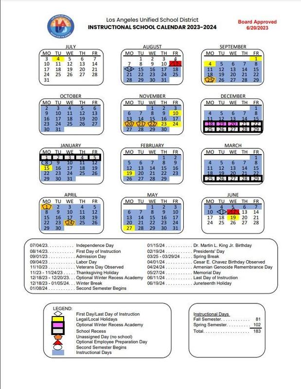 Instructional Calendar for 2023-2024 School Year | Delevan Drive Elementary
