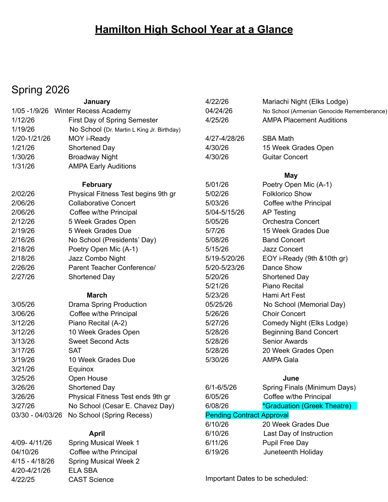 Calendars & Schedules – About Us – Alexander Hamilton Senior High School