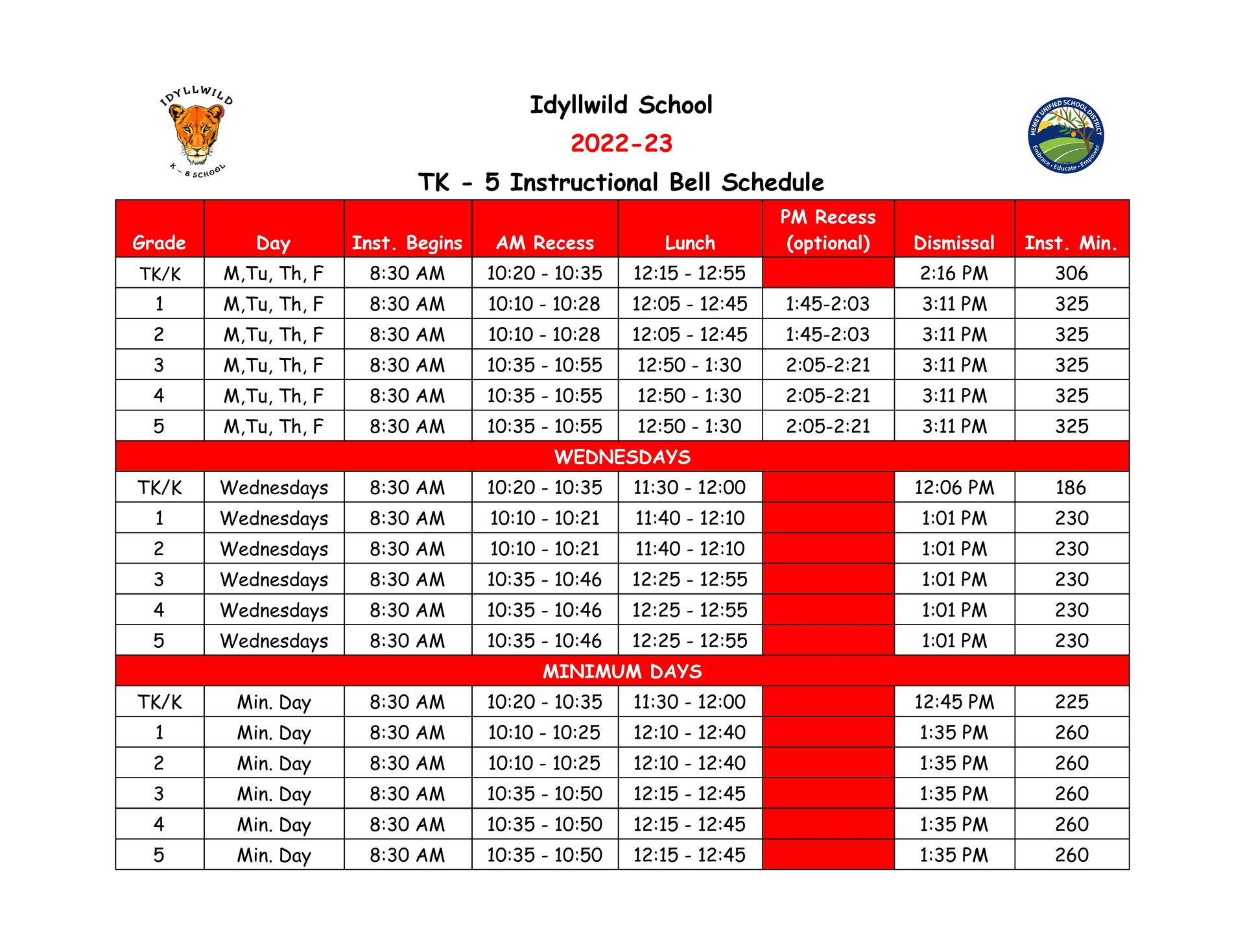 Elementary Bell Schedule School Policies Idyllwild School