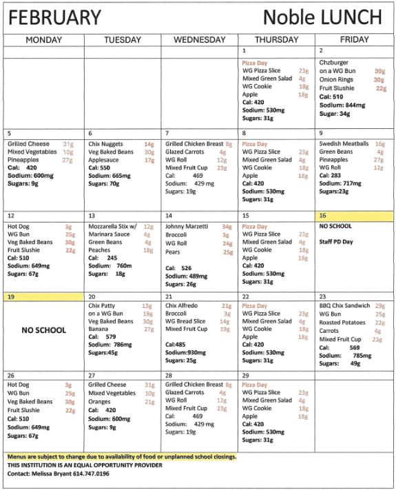 Menus – Student Life – Noble Academy Columbus