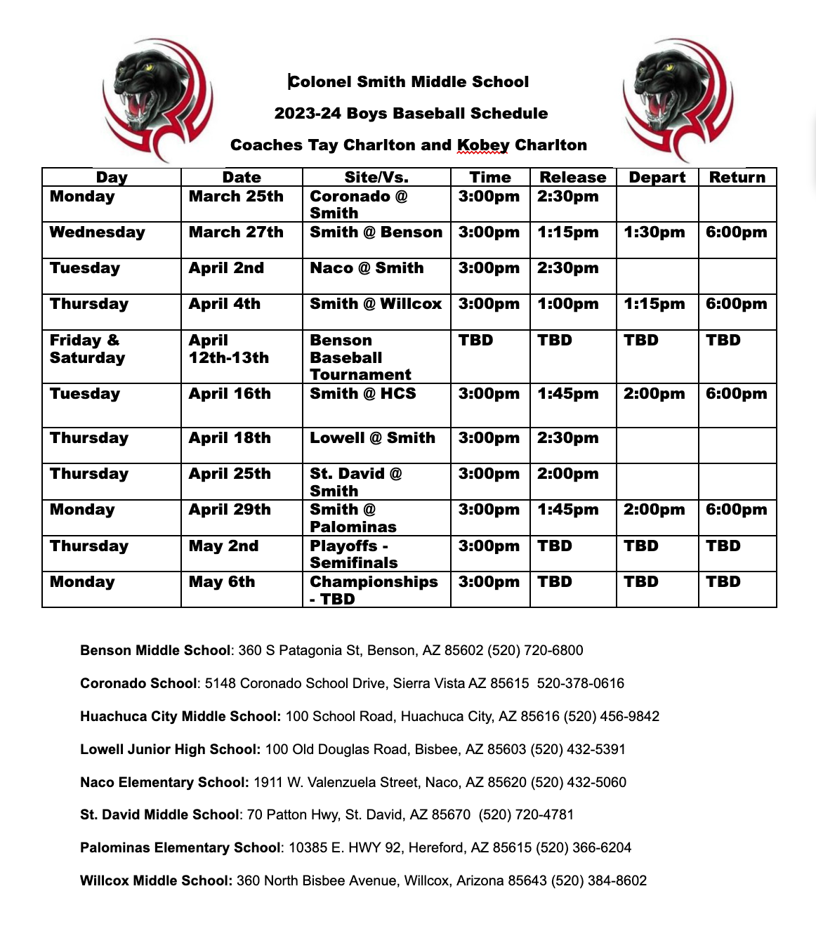 Athletic Schedule – Athletics – Colonel Smith Middle School