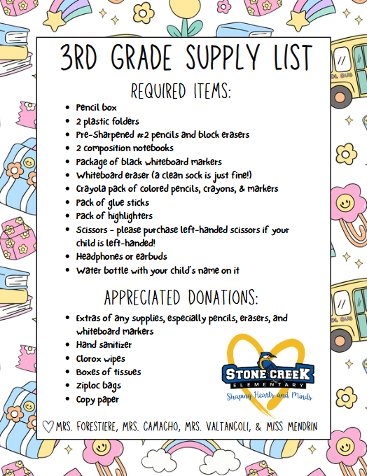 3rd grade supply list – Supply Lists – Stone Creek Elementary School