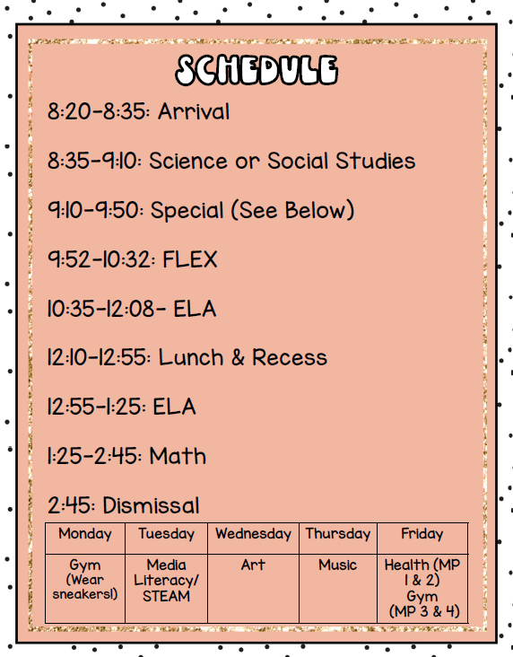 Daily Schedule & Specials – Jessica Cagno – Frank J. Dugan Elementary ...