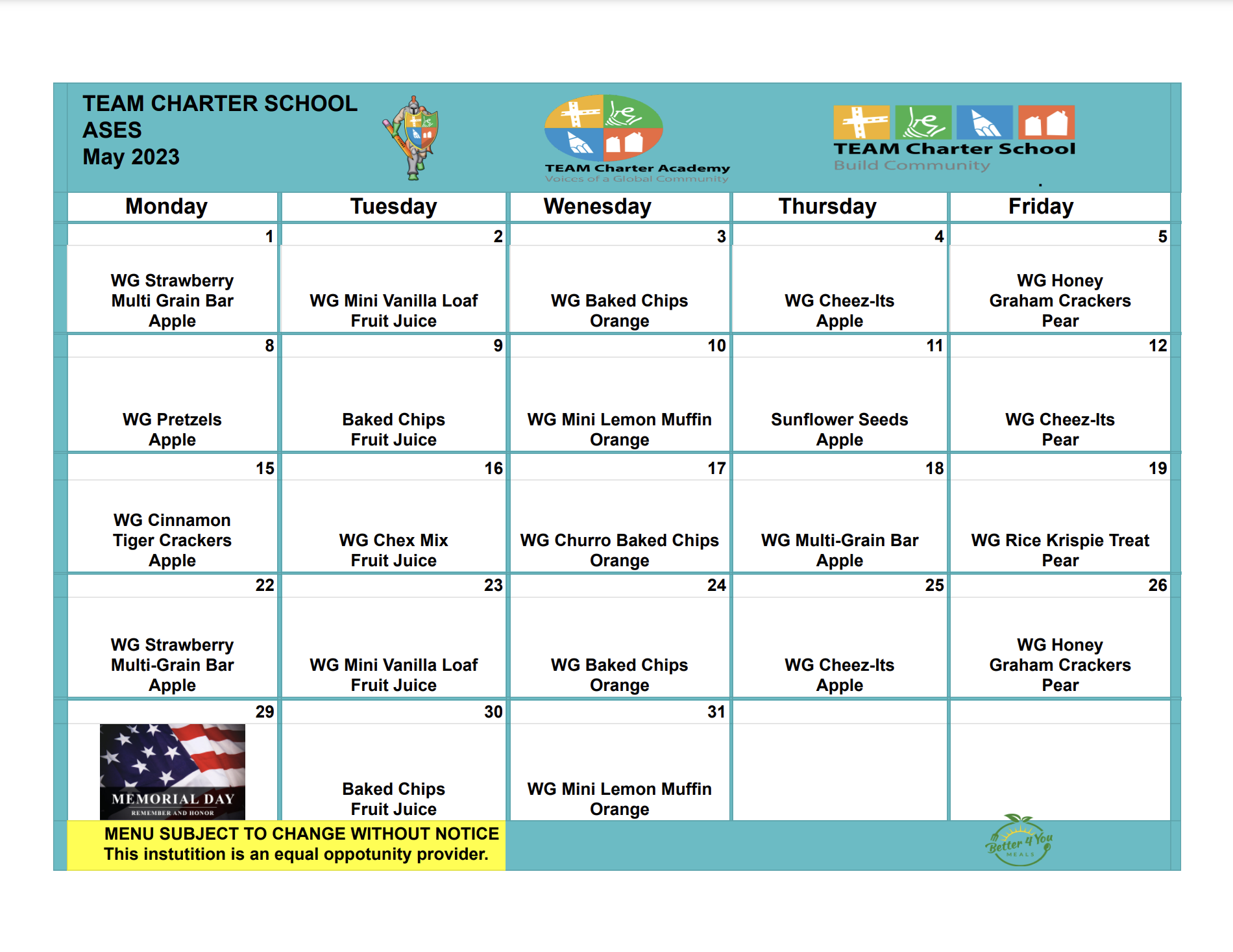 School Menus - May 2023 – Nutrition Department – TEAM Charter Schools