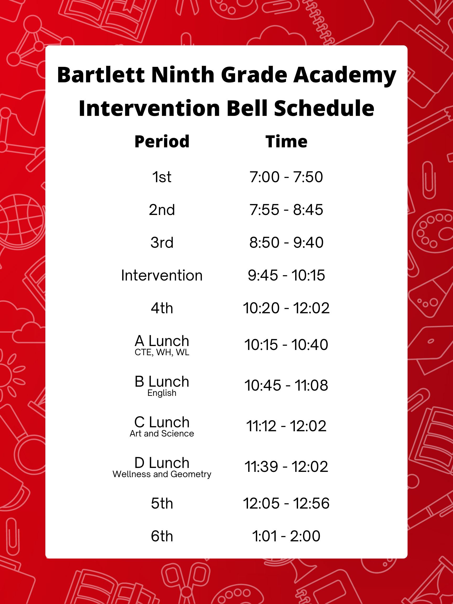 Bell Schedule – Mrs. Dolly Staten – Bartlett Ninth Grade Academy