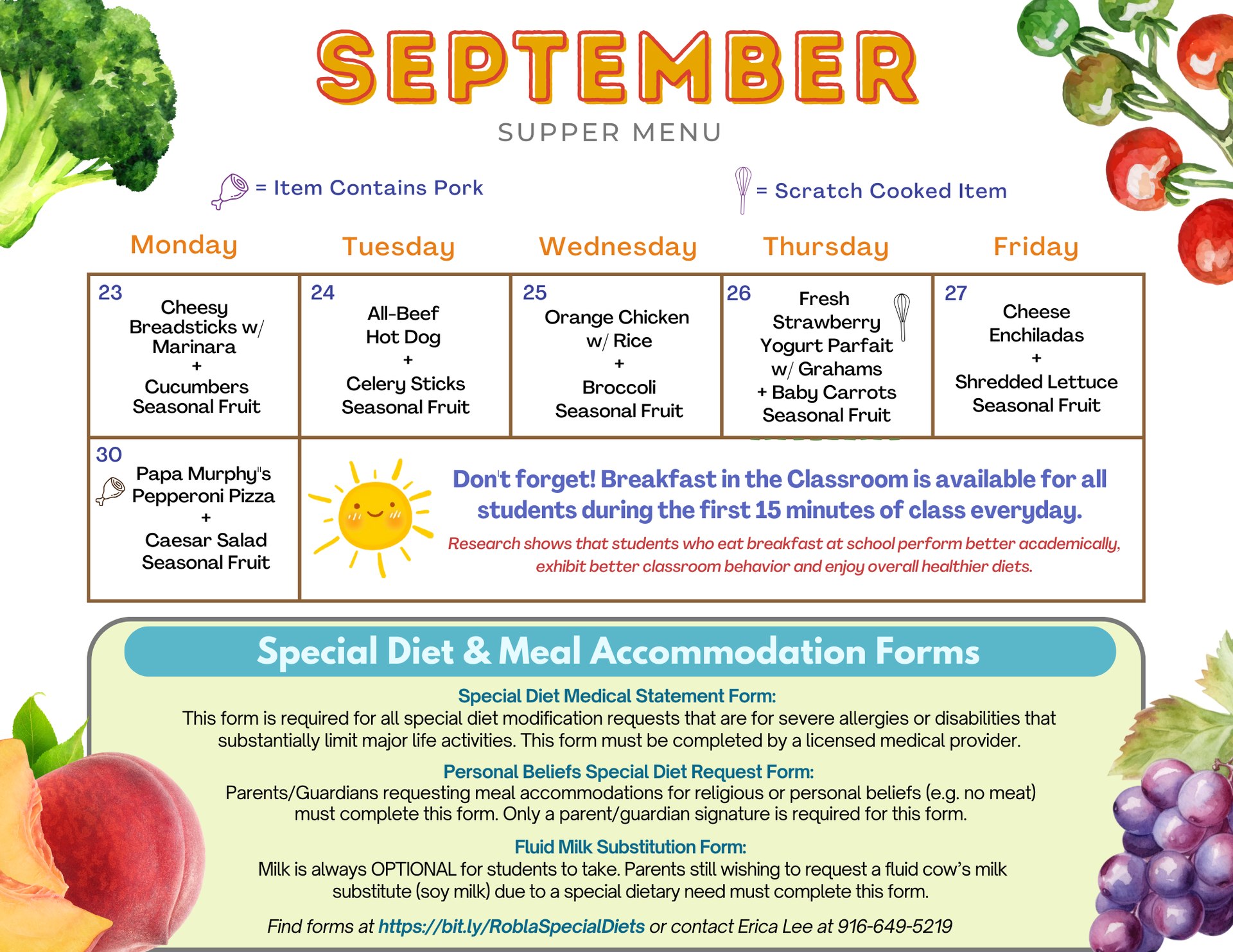 Breakfast, Lunch & Supper Menus - Food & Nutrition Services - Robla ...