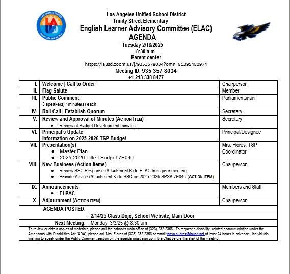 ELAC/SSC AGENDA – Parents – Trinity Street Elementary