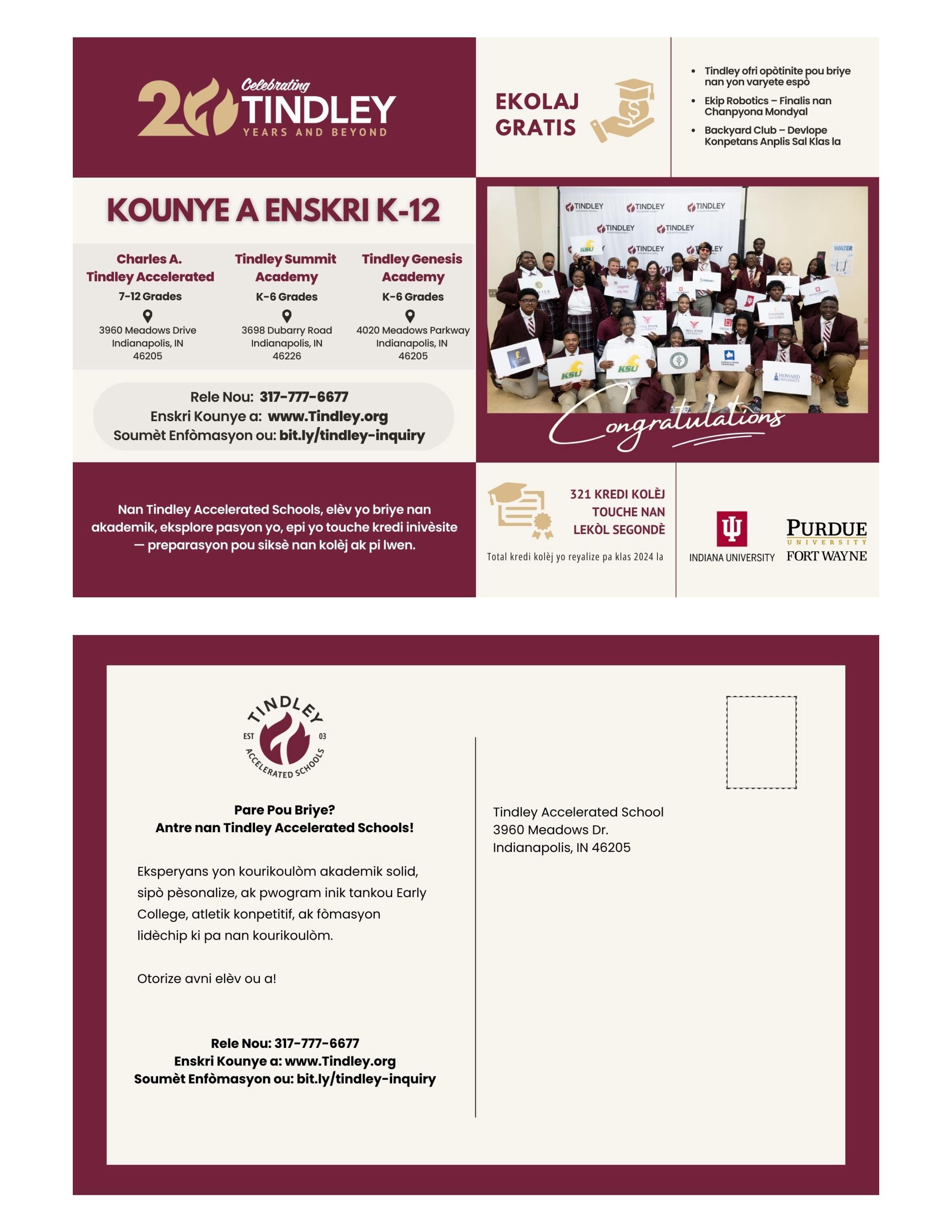 Enrollment Postcard-Haitian Creole - Parents - Tindley Accelerated Schools