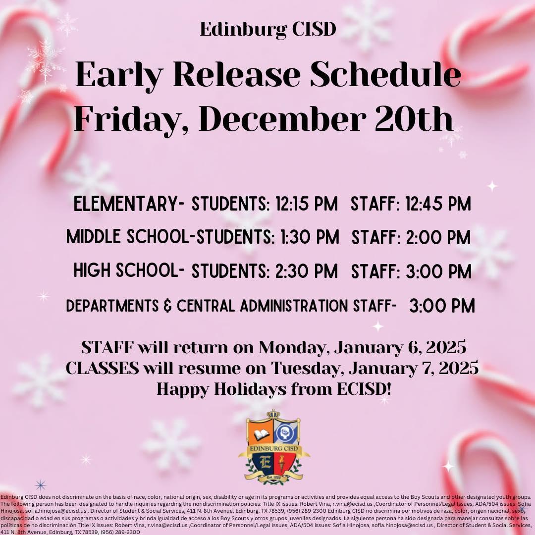 Early Release Schedule Friday, December 20th – Banner Files – Edinburg ...