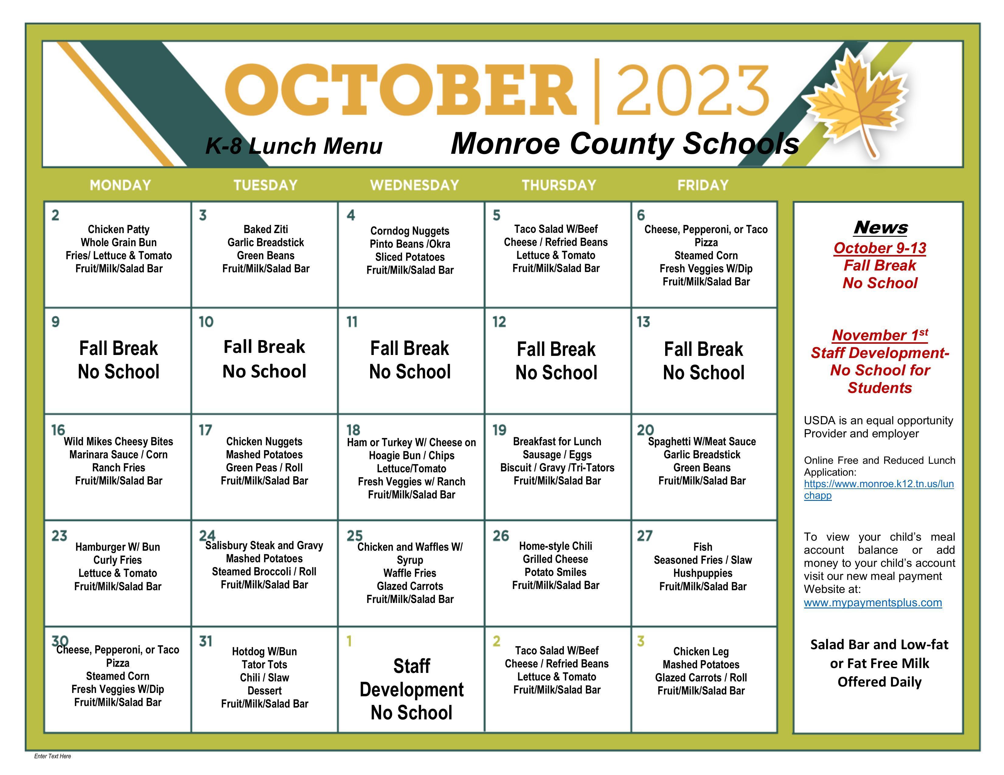 Middle School Cafeteria Menu