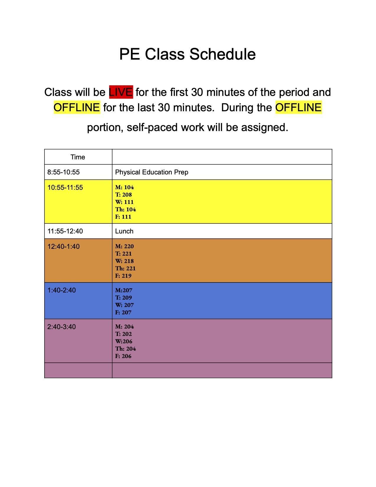 PE Class Schedule – Mr. Marlowe Soriano – Joseph Lovett Elementary School