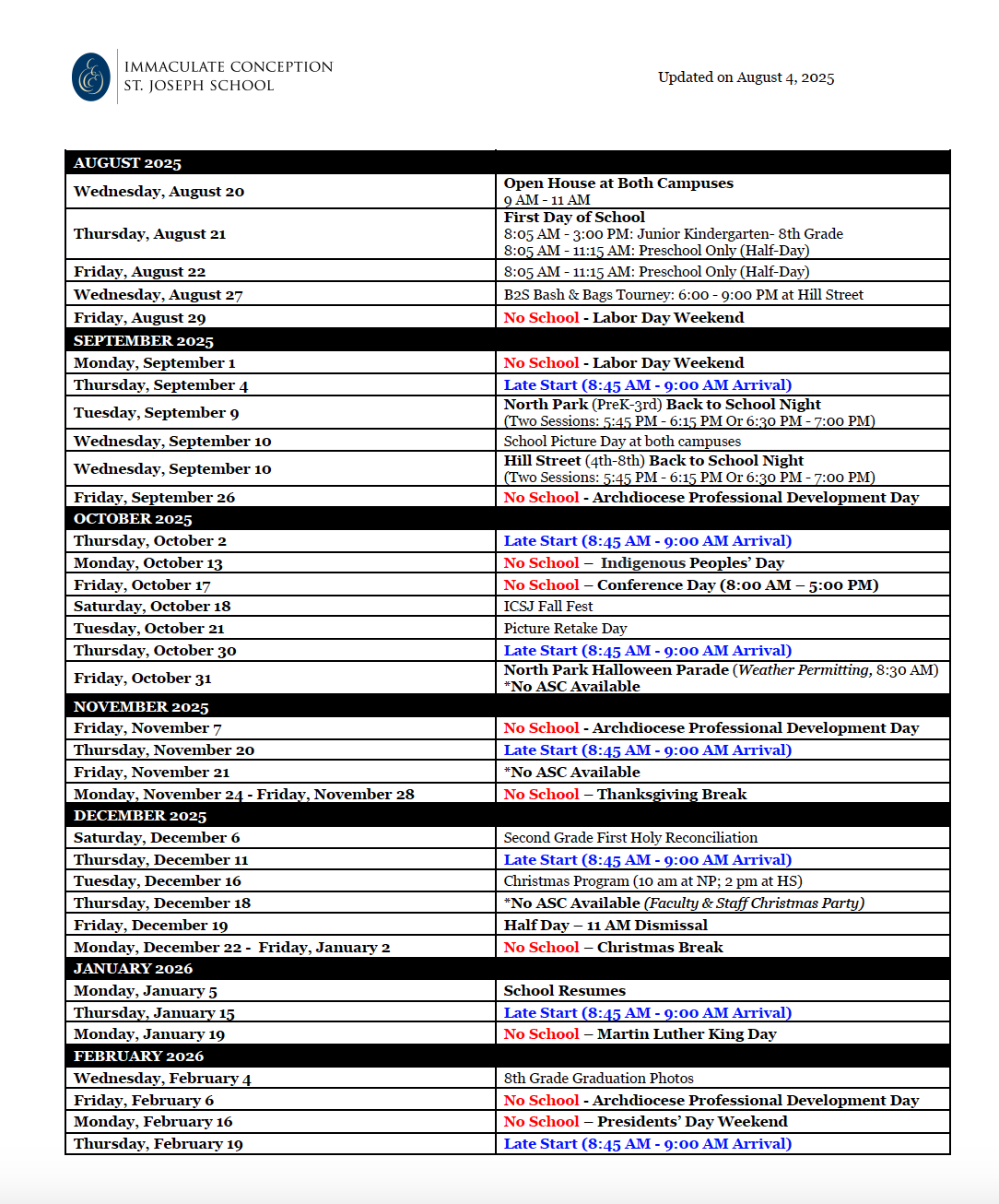 2025-26 School Year Calendar – Admissions – Immaculate Conception-St ...