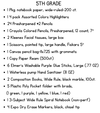 5th Grade School Supply List – Lori Dean – Fairmont Elementary