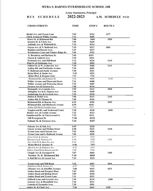 2022-2023 AM Bus schedule Updated 9/7 | Myra S. Barnes Intermediate ...