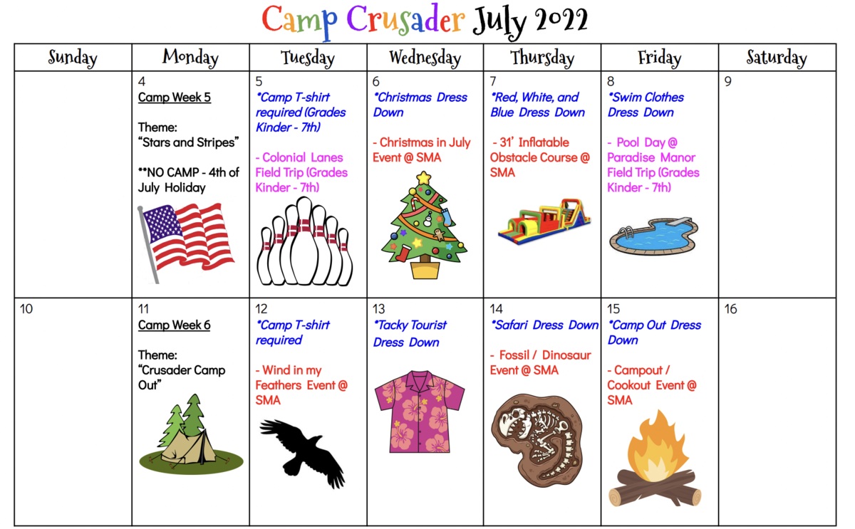 July Calendar - Summer Camp 2022 - St. Matthew the Apostle Catholic School