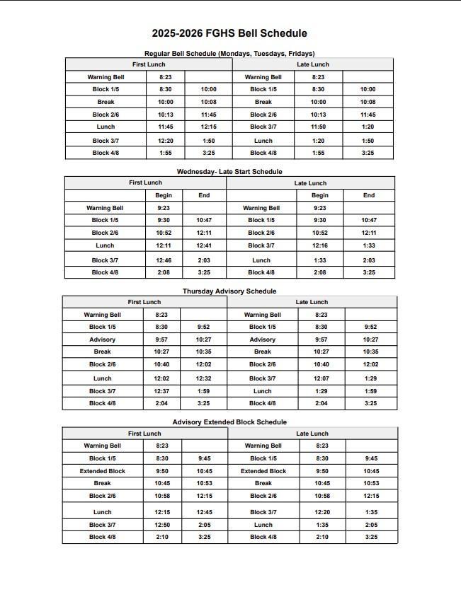 Bell Schedule - Horario de campana – Our School – Forest Grove High School
