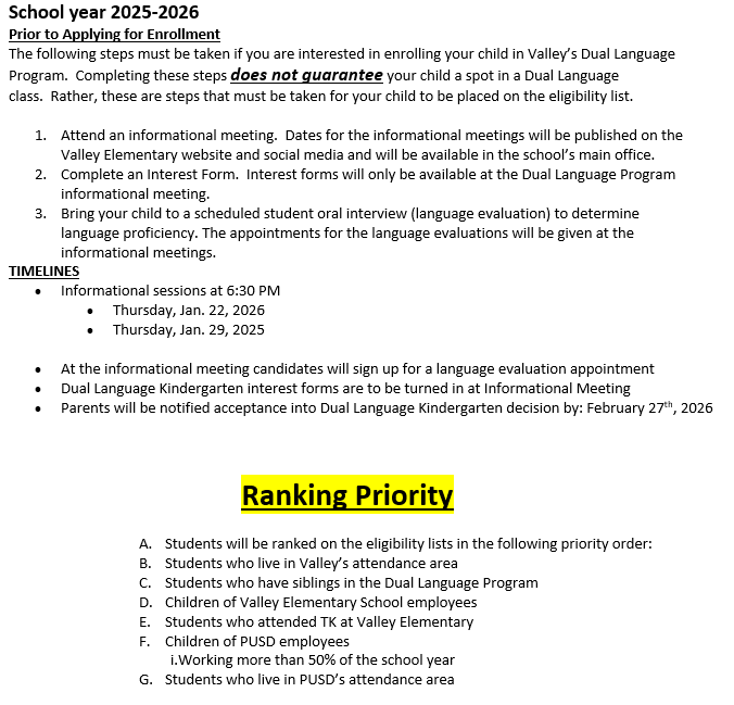 Enrollment Information – Dual Language – VALLEY ELEMENTARY SCHOOL