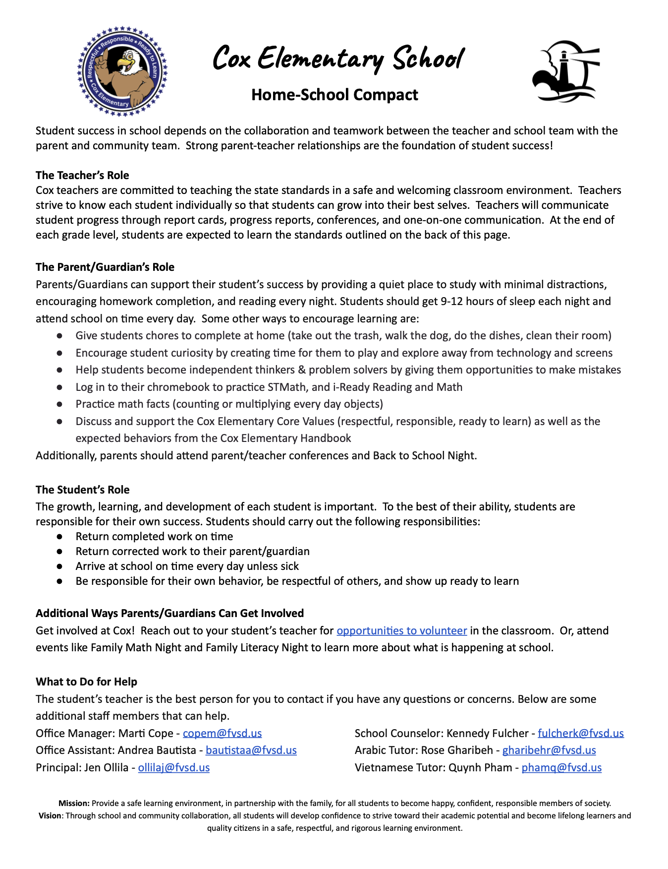 Home-School Compact – Michele Macdonald – Cox Elementary School
