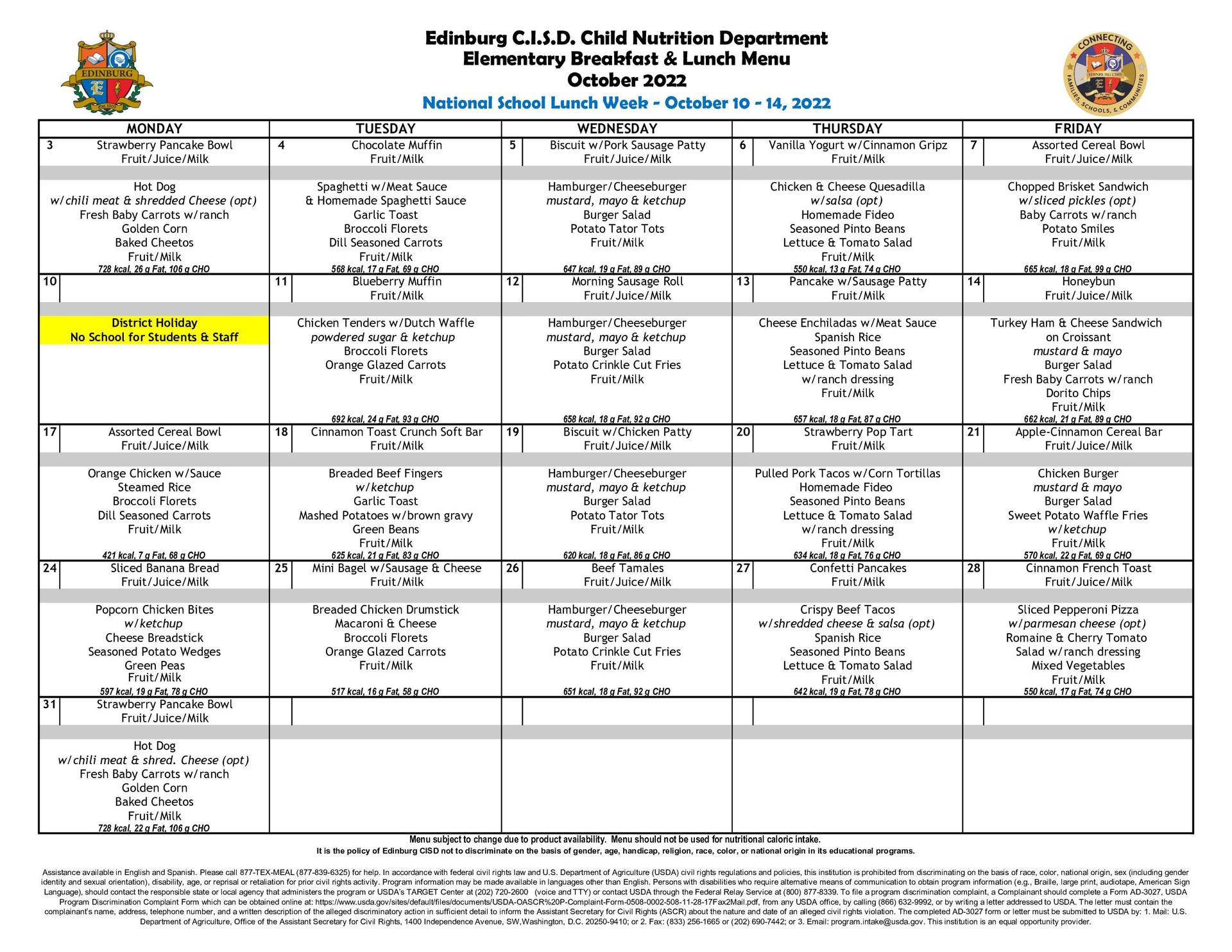 October Breakfast/Lunch Menu – Parents – Travis Elementary