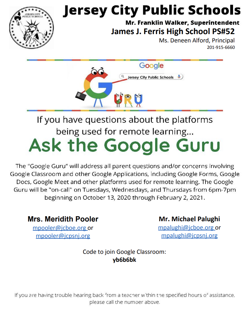 Google Guru 6-7pm – After school Support – James J. Ferris High School