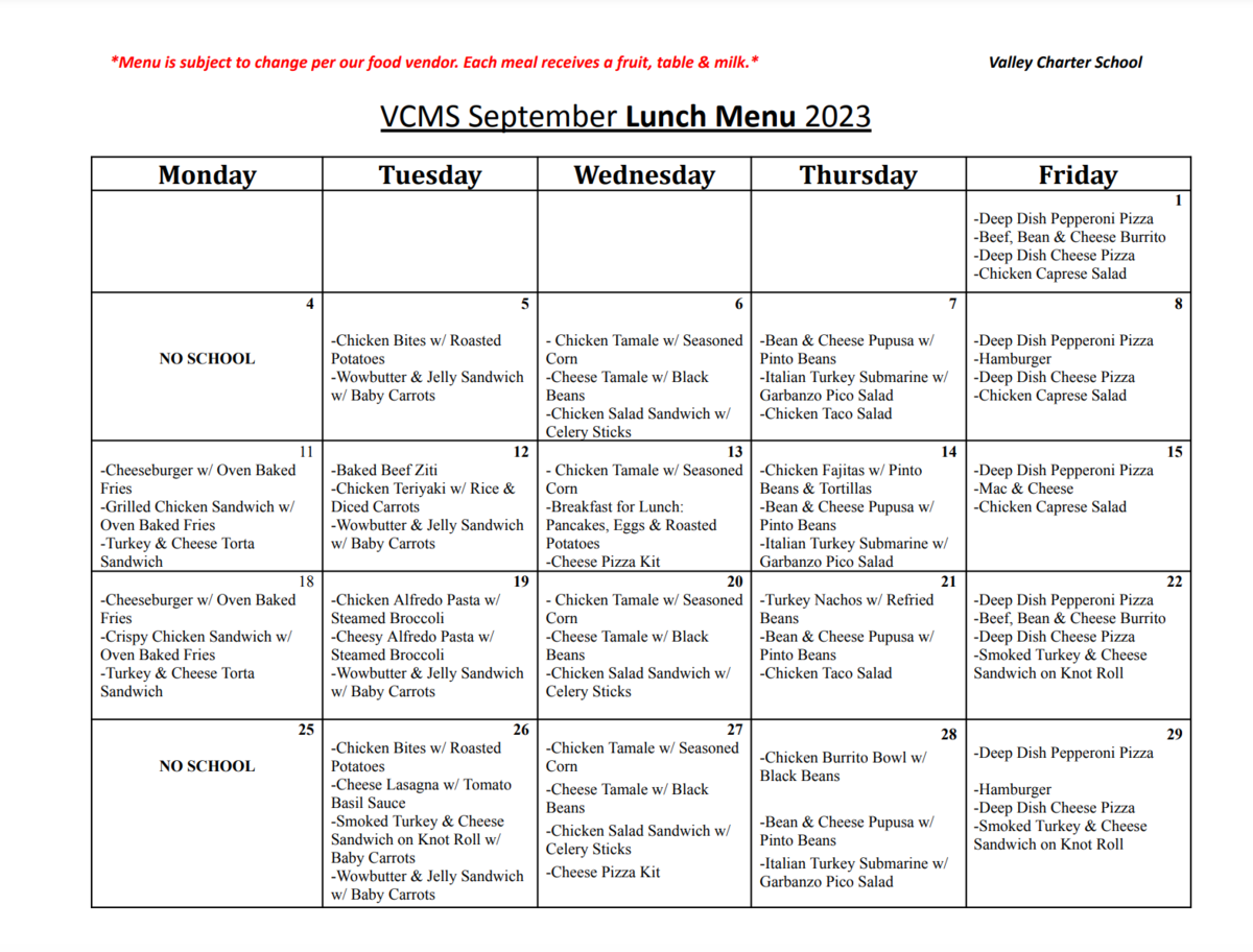 VCMS Breakfast, snack and lunch menu - School Lunch - Valley Charter ...