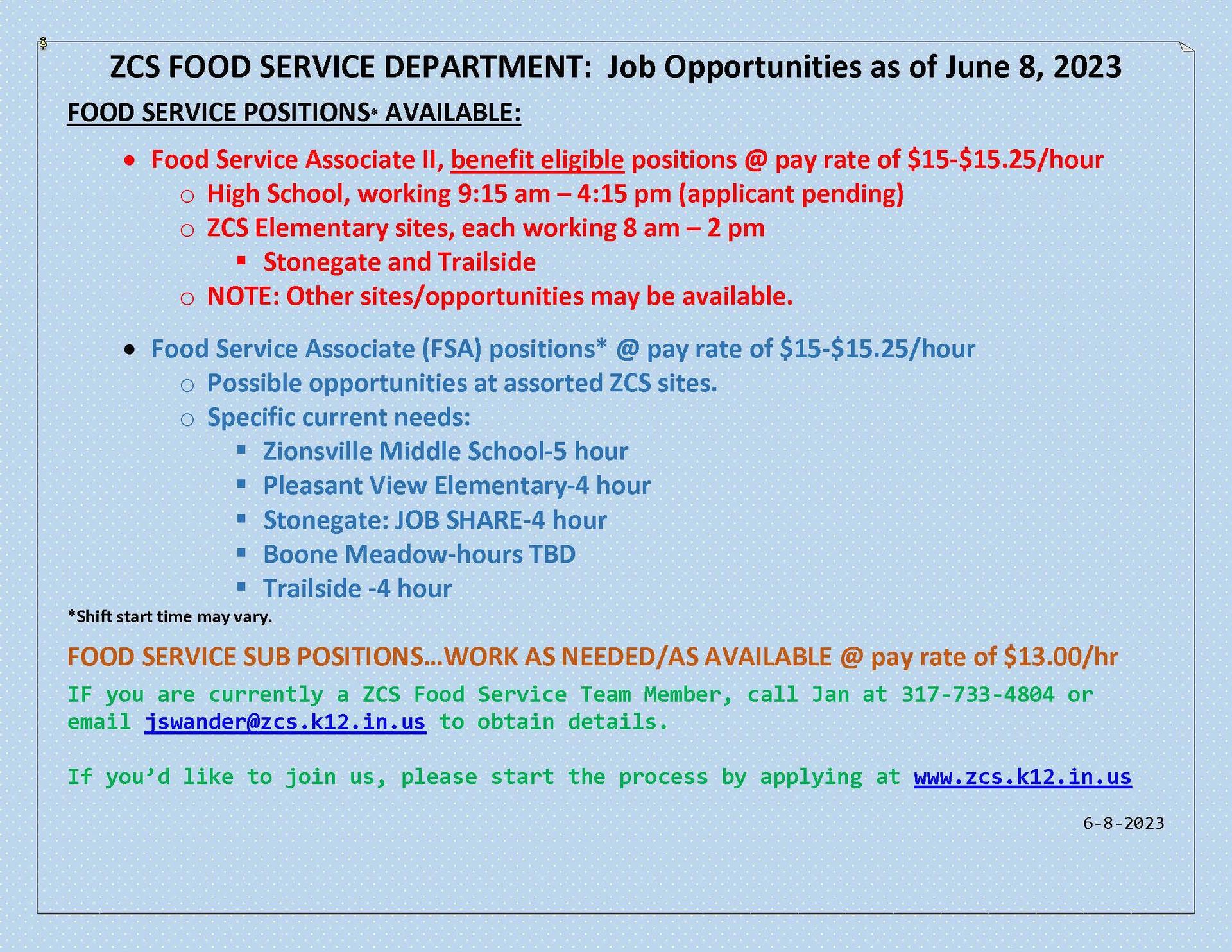 Food Service Employment Food Services Zionsville Community Schools