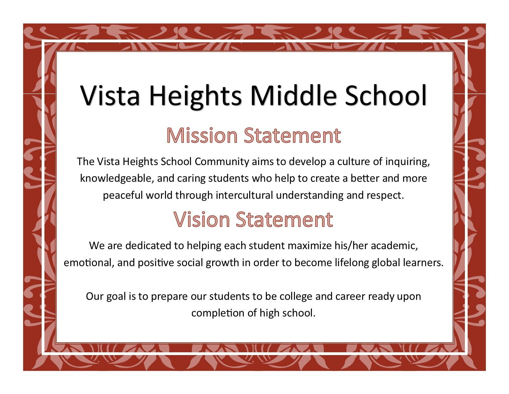 Mission Statement About Us Vista Heights Middle School