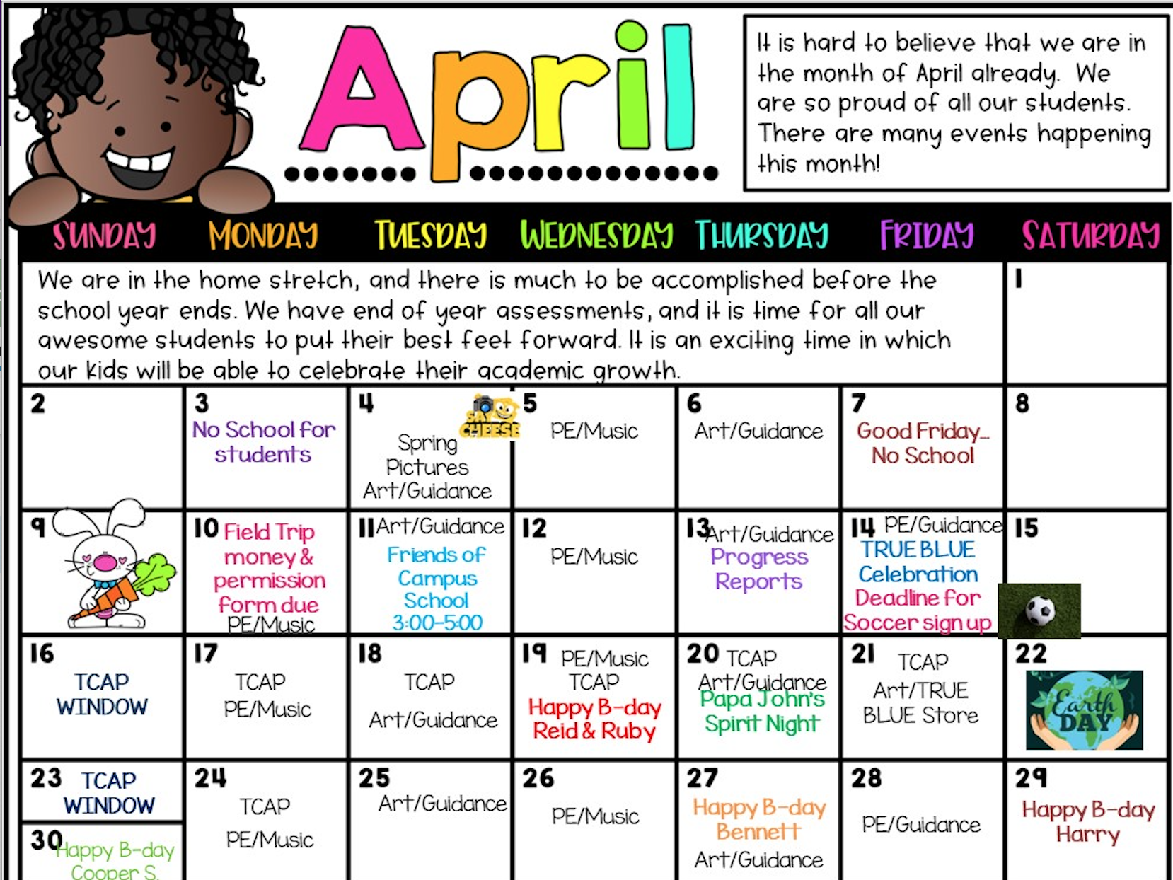 Calendar – Ms. April Warren – Homer Pittard Campus School