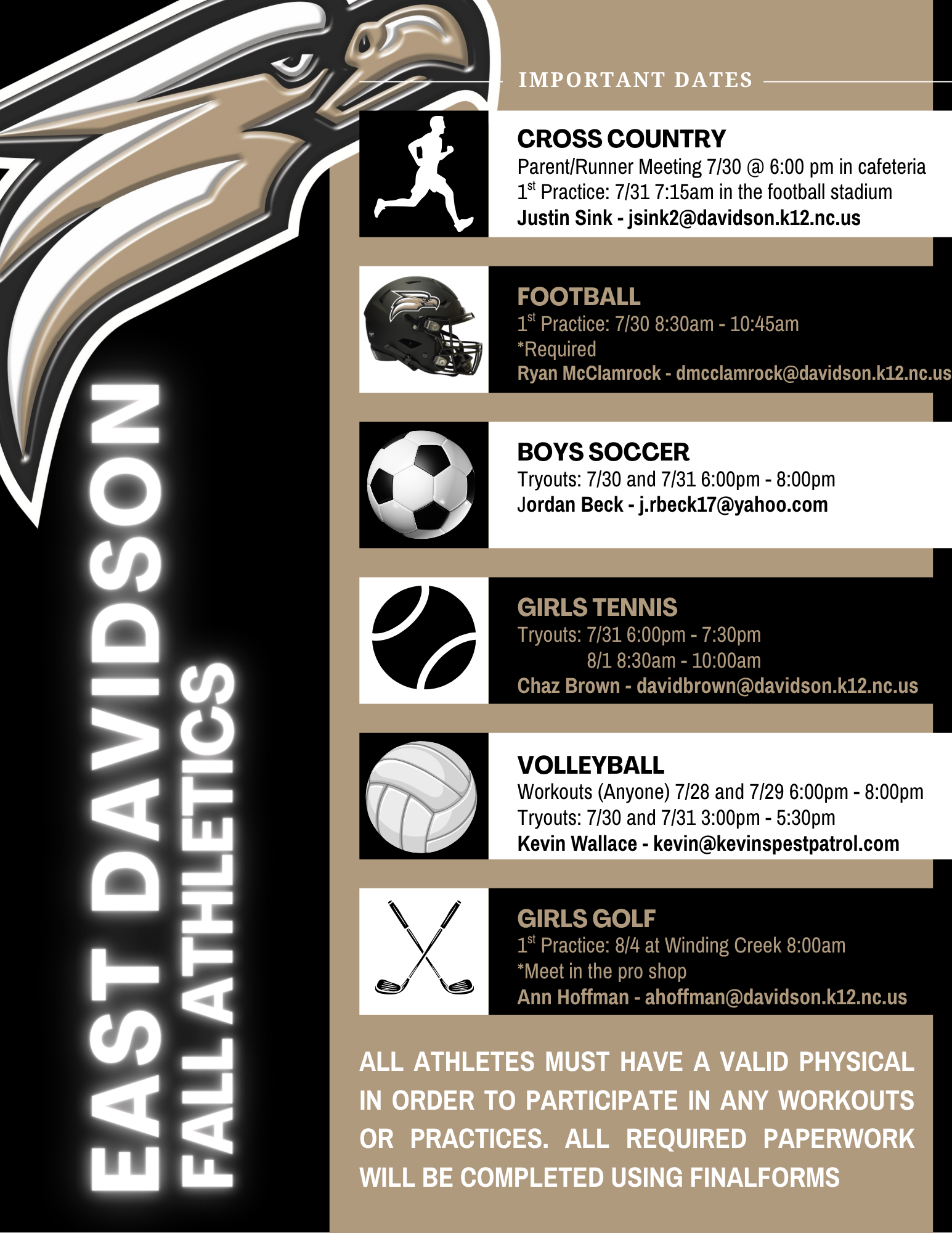 Fall 25-26 Information – Athletics – East Davidson High School