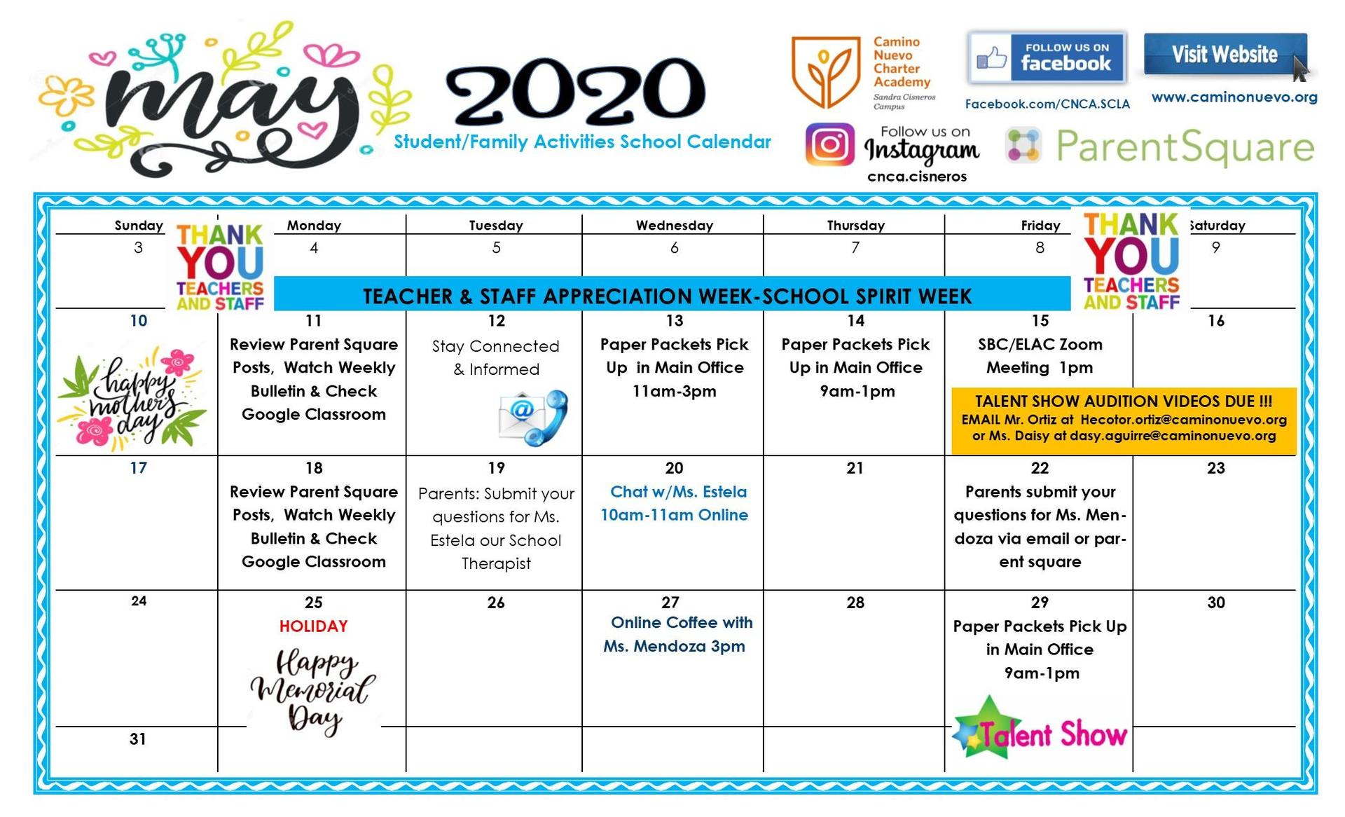 Monthly Events Calendar Parent Resources Sandra Cisneros Campus