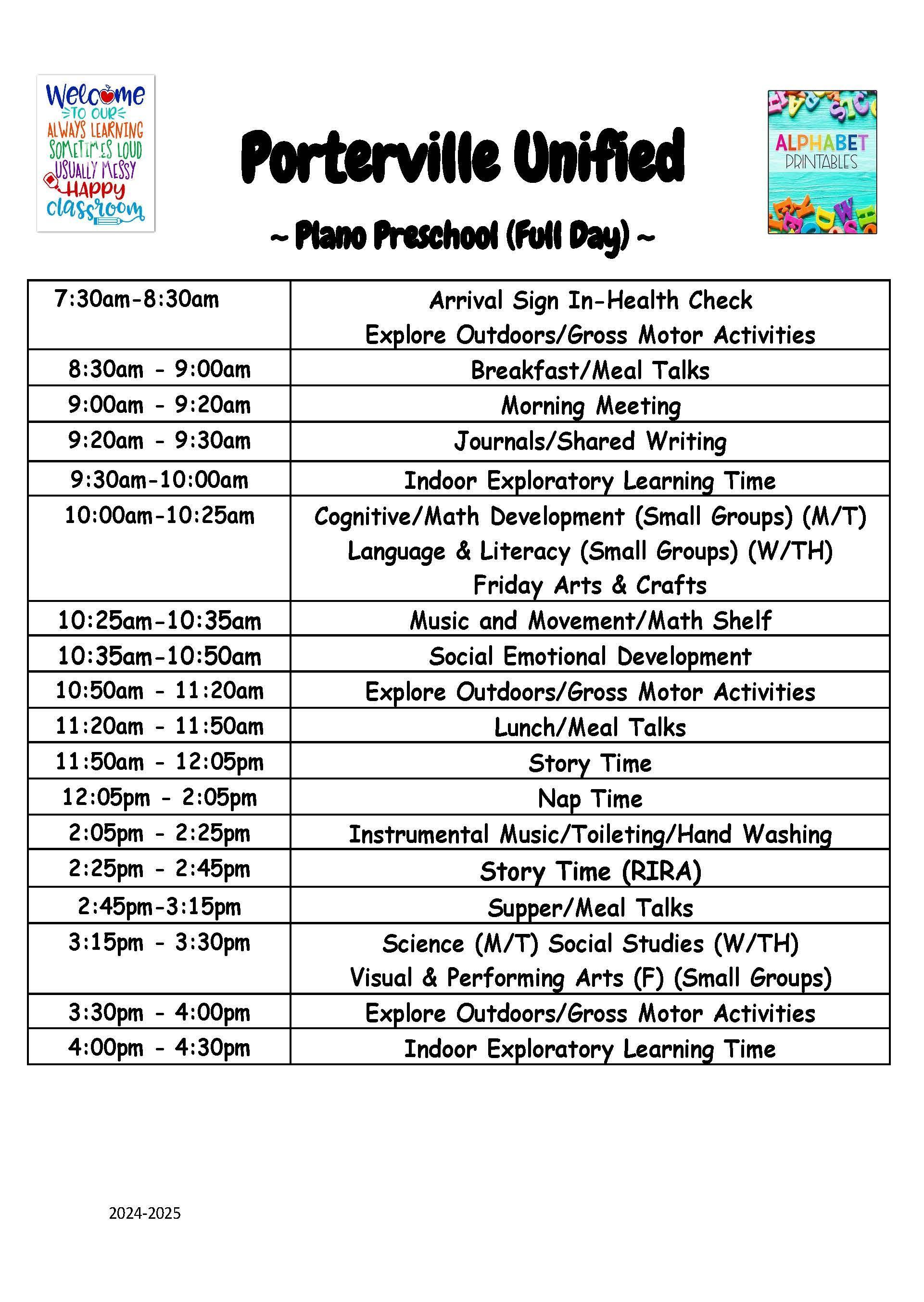 Plano: Full Day Daily Schedule – Plano Preschool – Porterville Preschools