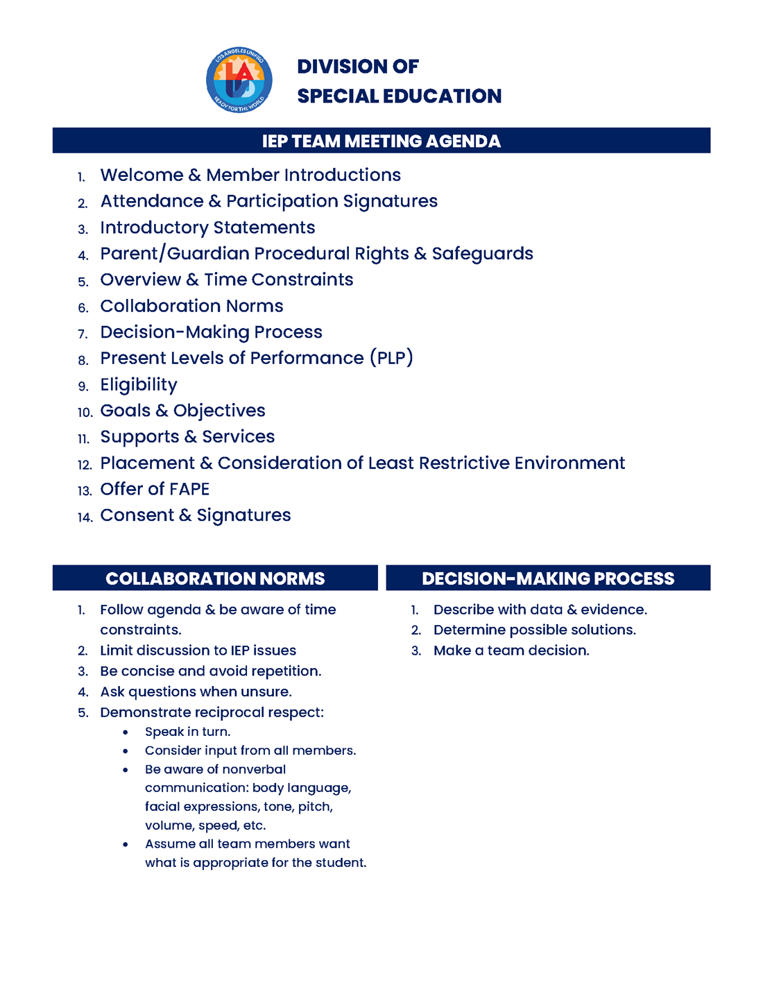 IEP Team Meeting Agenda, Collaboration Norms & Decision-Making Process ...
